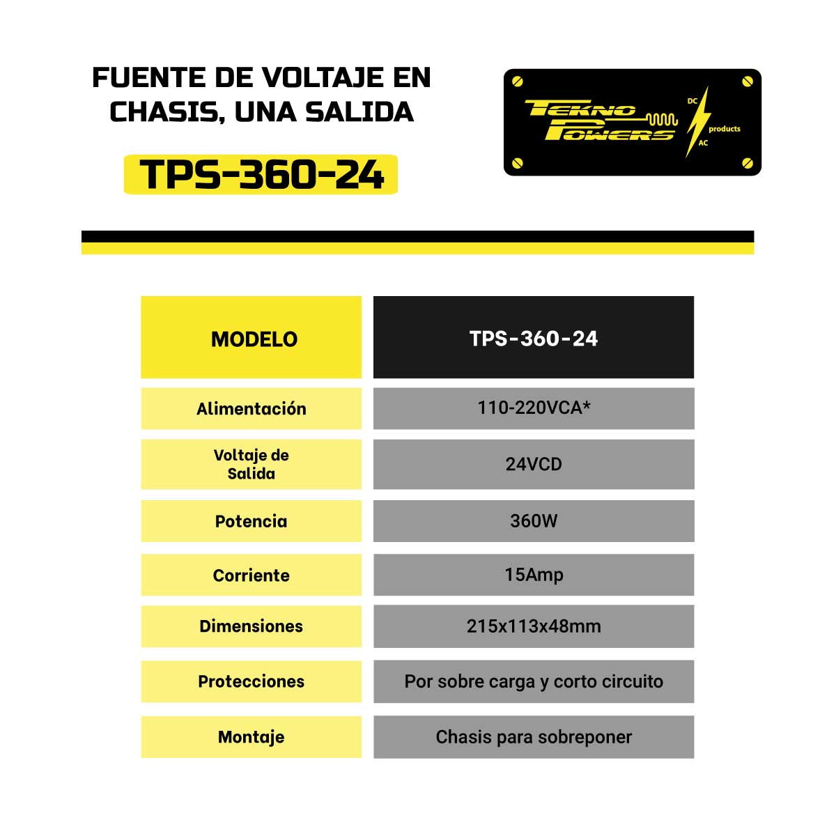 TPS-360-24 — FUENTE DE VOLTAJE 24VCD 360W 15A, 110VCA, 198X110X 50mm ...