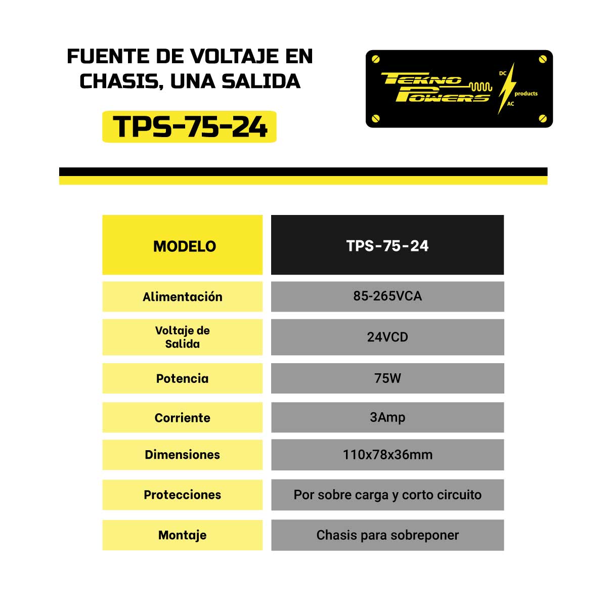 TPS-75-24 — FUENTE DE VOLTAJE 24V/3A/75W, 85-265VCA – TeknoPowers